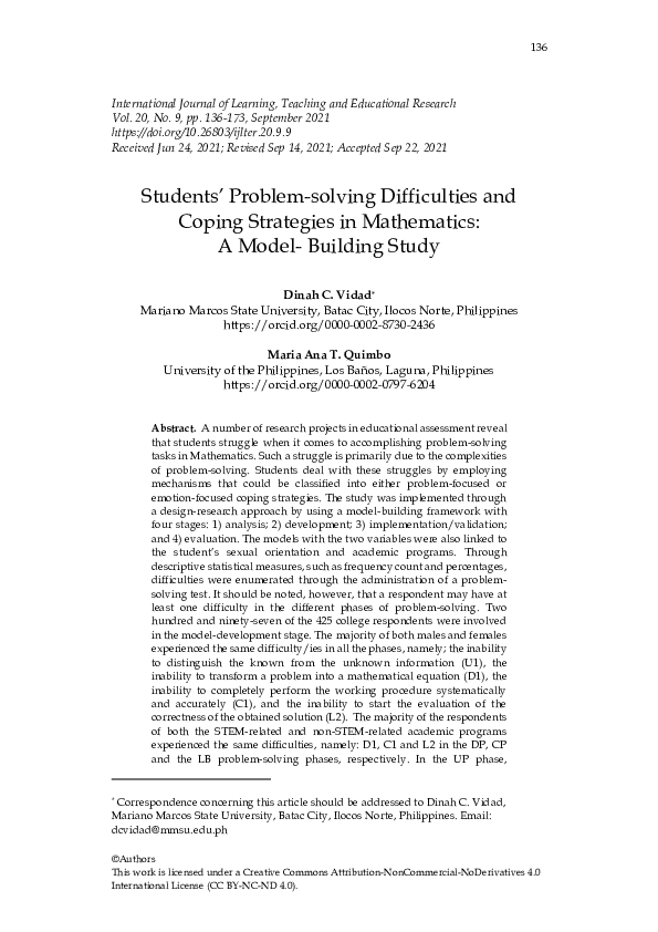 (PDF) Students’ Problem-solving Difficulties and Coping Strategies in Mathematics: A Model ...