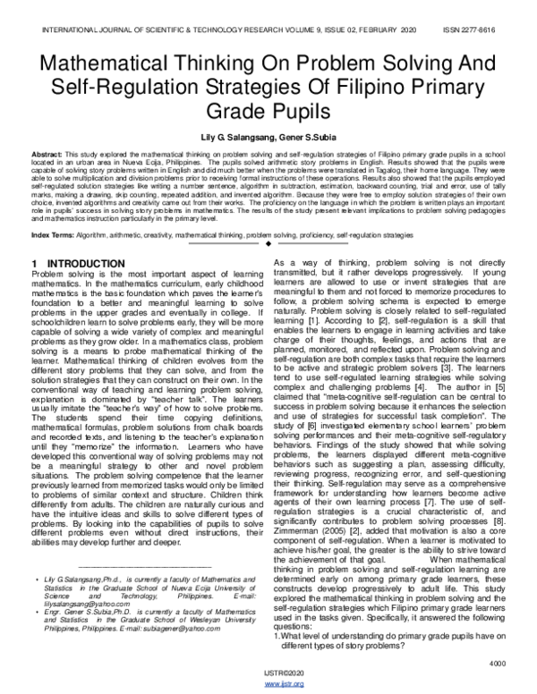 (PDF) Mathematical Thinking On Problem Solving And Self-Regulation ...