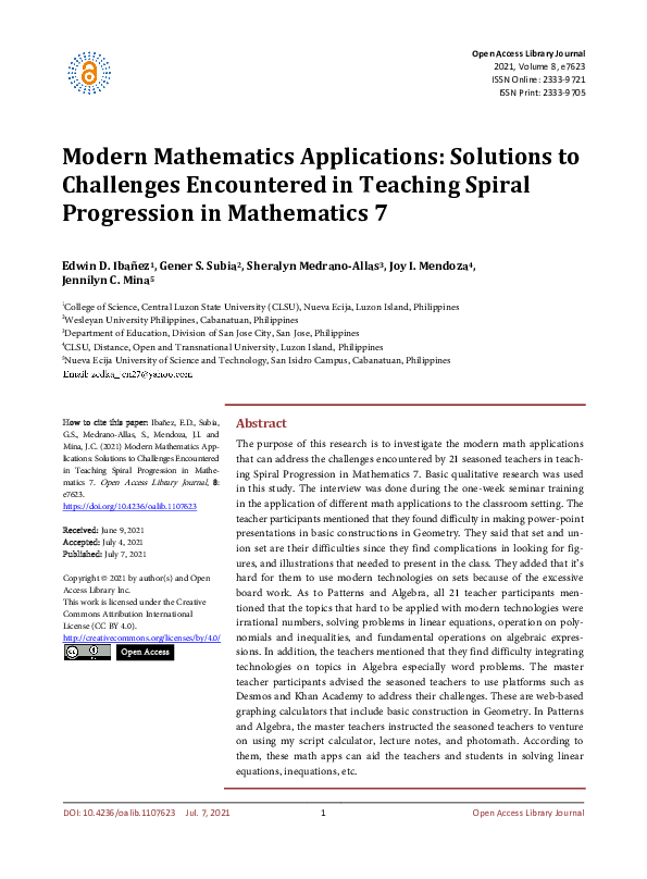 (PDF) Modern Mathematics Applications: Solutions to Challenges ...