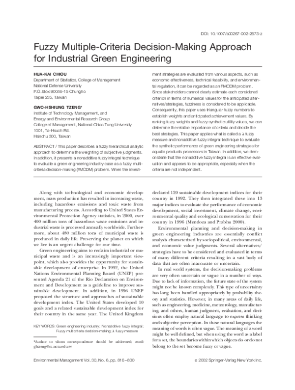 (PDF) Fuzzy Multiple-Criteria Decision-Making Approach for Industrial Green Engineering | James ...