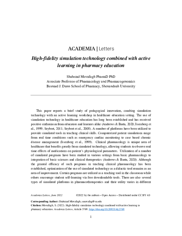 (PDF) High-fidelity simulation technology combined with active learning in pharmacy education