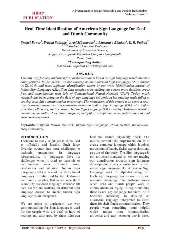 (PDF) Real Time Identification of American Sign Language for Deaf and ...