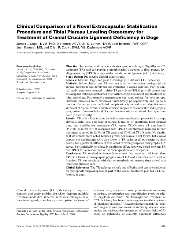 (PDF) Clinical Comparison of a Novel Extracapsular Stabilization ...