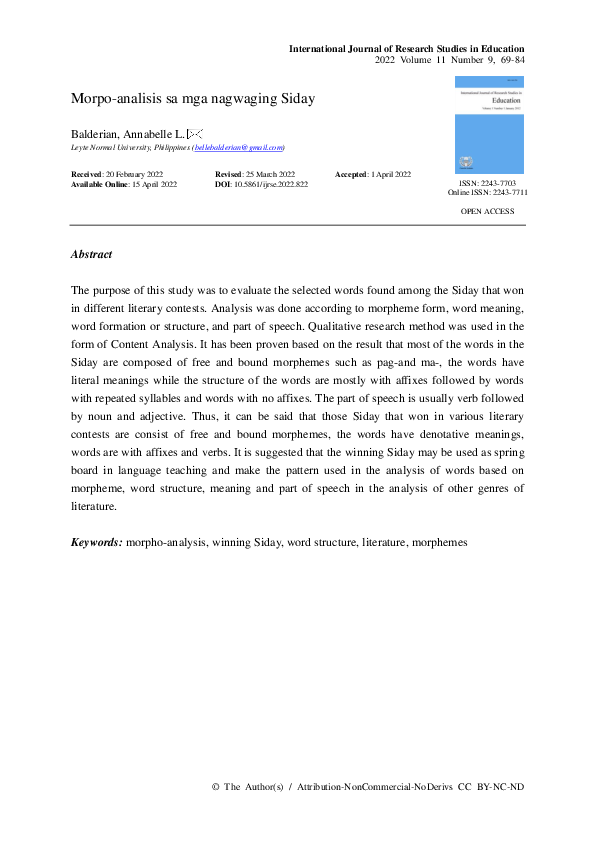 (PDF) Morpo-analisis sa mga nagwaging Siday | Annabelle Balderian - Academia.edu