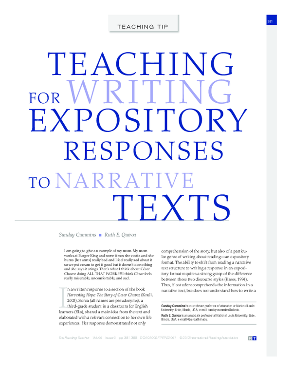 (PDF) Teaching for Writing Expository Responses to Narrative Texts