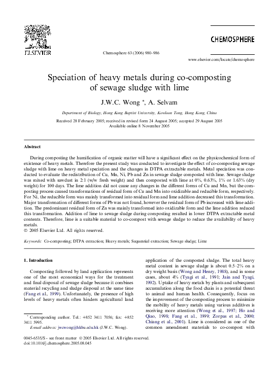 (PDF) Impact of Lime on Heavy Metal Speciation in Sewage Sludge Composting