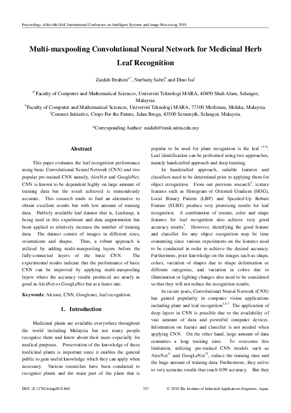 Pdf Multi Maxpooling Convolutional Neural Network For Medicinal Herb