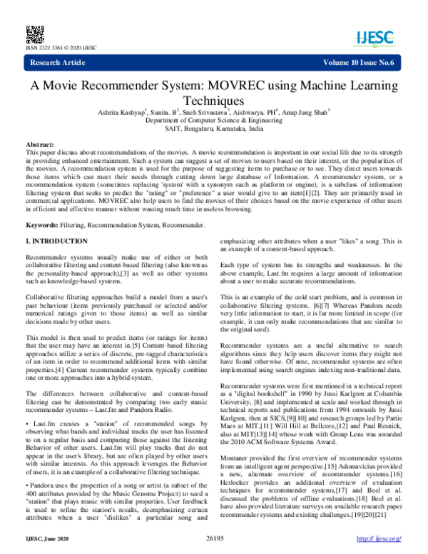 (PDF) A Movie Recommender System: MOVREC using Machine Learning Techniques