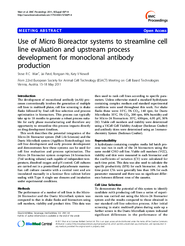 (PDF) Use of Micro Bioreactor systems to streamline cell line ...