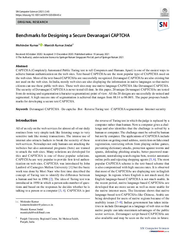 (PDF) Benchmarks for Designing a Secure Devanagari CAPTCHA