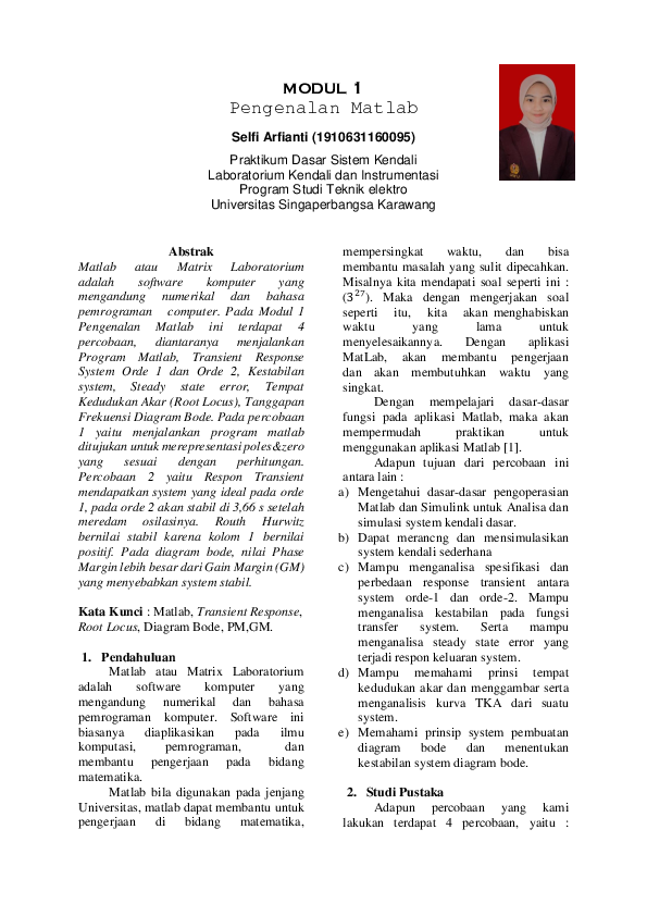 (PDF) Prakikum Sistem Kendali Modul 1 Pengenalan Matlab
