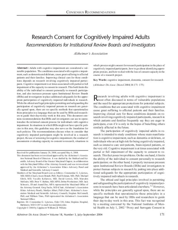 (PDF) Research Consent for Cognitively Impaired Adults
