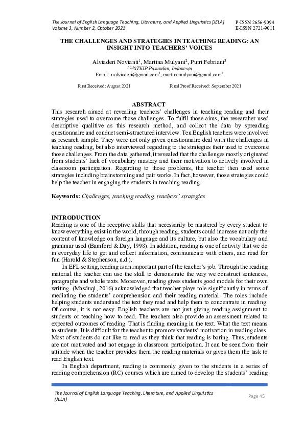 (PDF) The Challenges and Strategies in Teaching Reading: An Insight ...