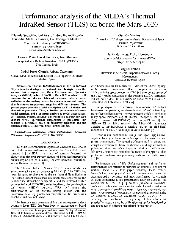 (PDF) Performance analysis of the MEDA's Thermal InfraRed Sensor (TIRS ...