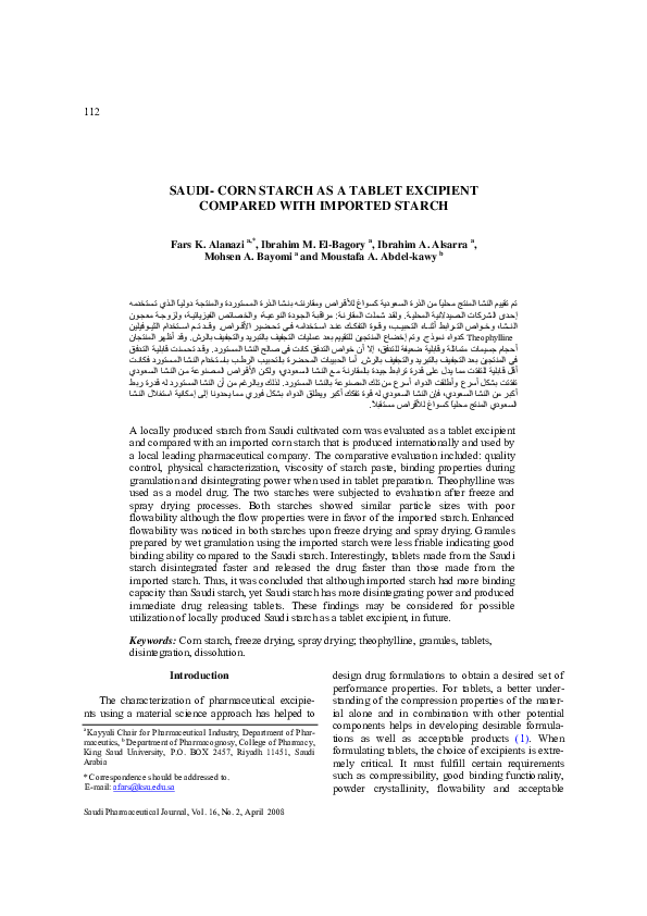 (PDF) Saudi-corn starch as a tablet excipient compared with imported starch