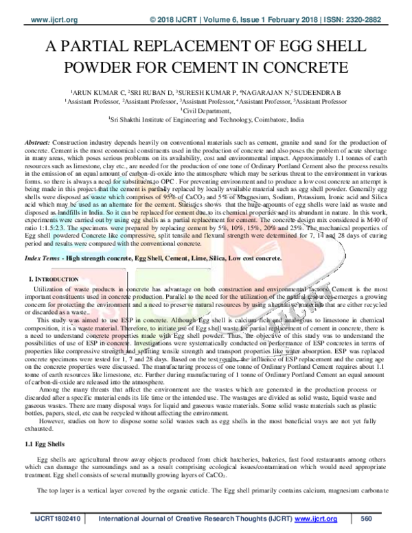 (PDF) A Partial Replacement of Egg Shell Powder for Cement in Concrete