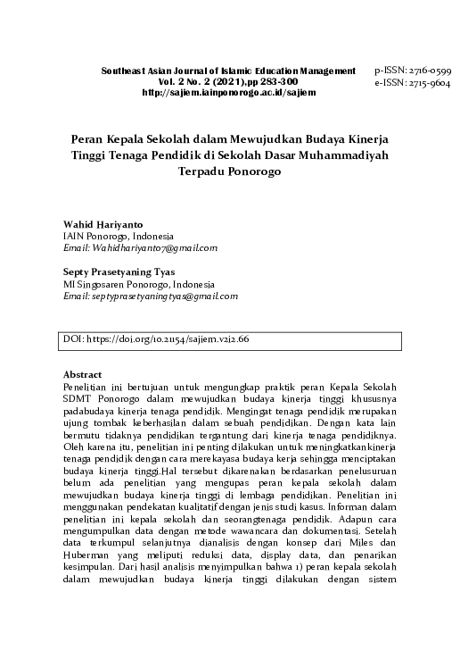 (PDF) Peran Kepala Sekolah dalam Mewujudkan Budaya Kinerja Tinggi ... (PDF) Peran Kepala Sekolah dalam Mewujudkan Budaya Kinerja Tinggi ...