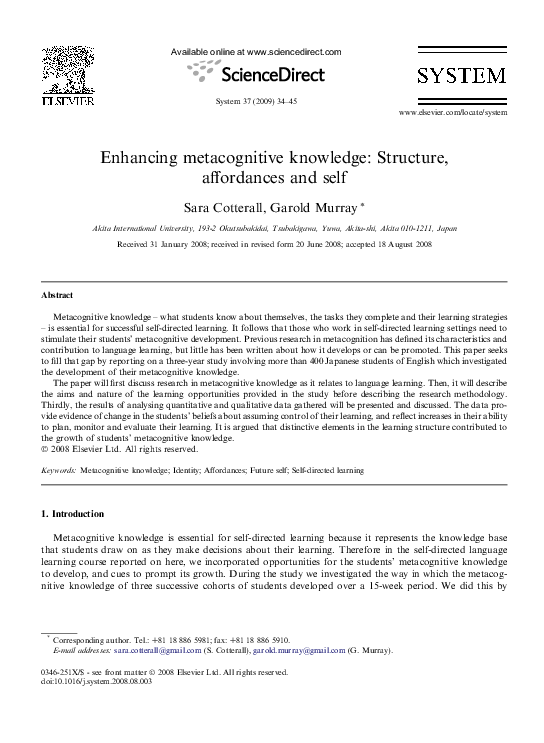 (PDF) Enhancing metacognitive knowledge: Structure, affordances and self | Garold Murray ...