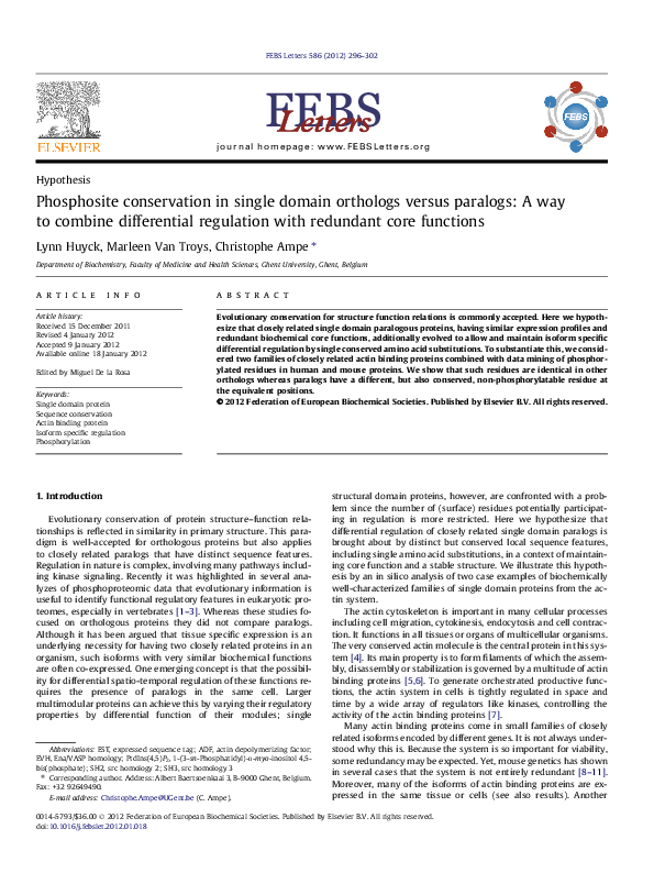 (PDF) Phosphosite conservation in single domain orthologs versus ...