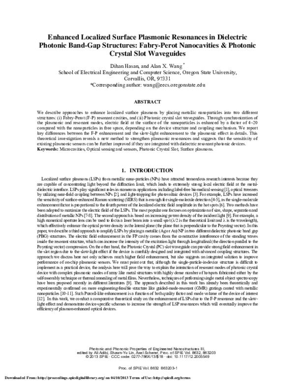 (PDF) Enhanced localized surface plasmonic resonances in dielectric ...