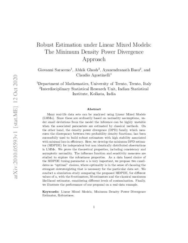 (PDF) Robust Estimation under Linear Mixed Models: The Minimum Density Power Divergence Approach