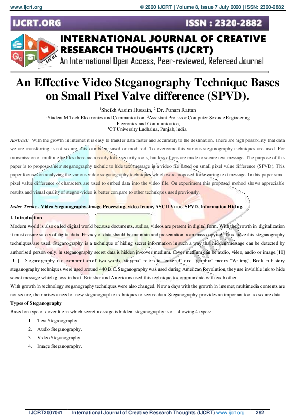 (PDF) An Effective Video Steganography Technique Bases on Small Pixel Valve difference (SPVD)