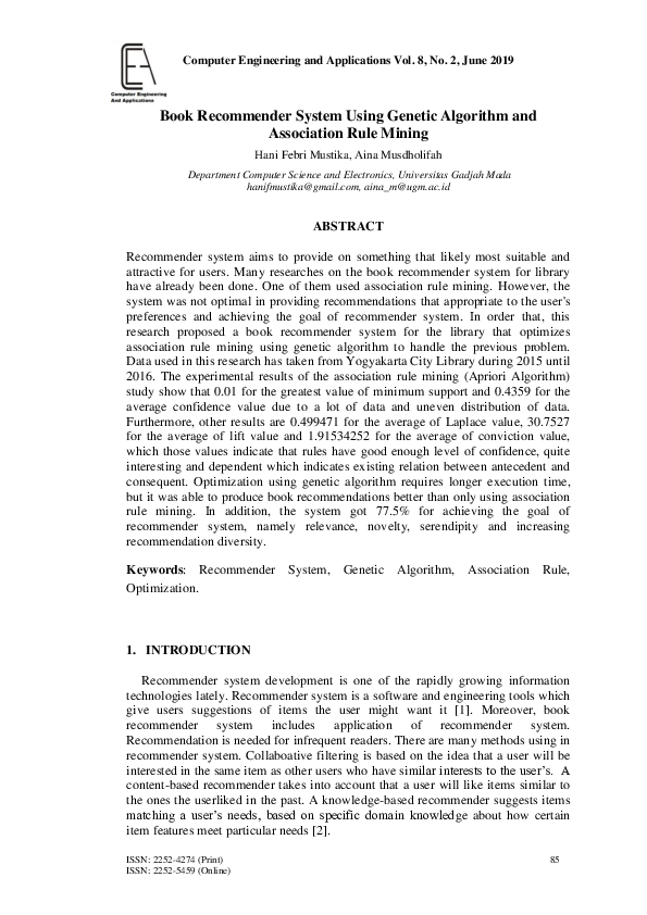 Pdf Book Recommender System Using Genetic Algorithm And Association Rule Mining