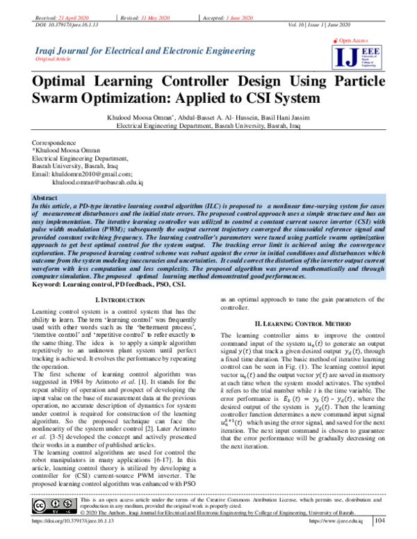 (PDF) Optimal Learning Controller Design Using Particle Swarm Optimization: Applied to CSI System