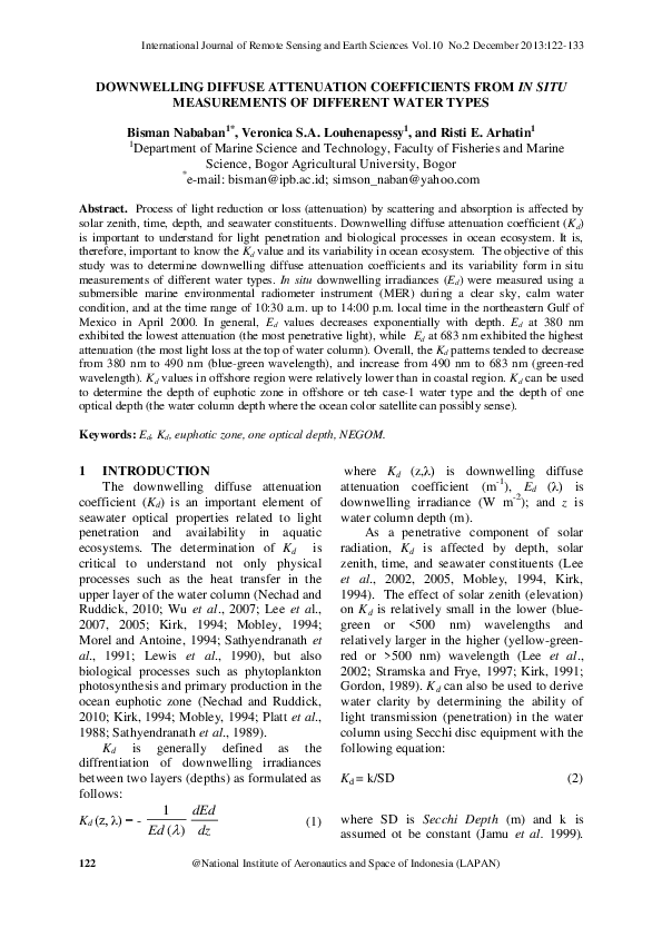 (PDF) Downwelling Diffuse Attenuation Coefficients from in Situ Measurements of Different Water ...