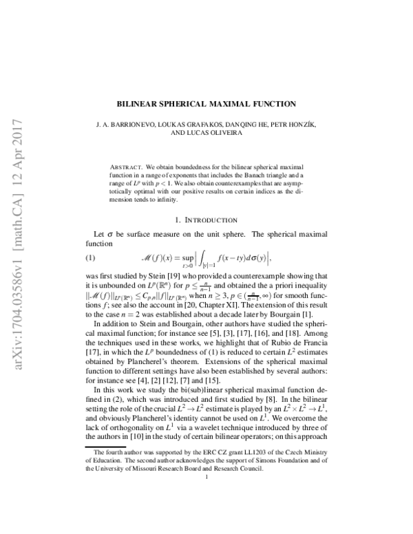(PDF) Bilinear spherical maximal function