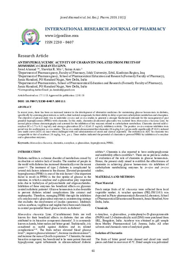 (PDF) Antihyperglycemic Activity of Charantin Isolated from Fruits of ...