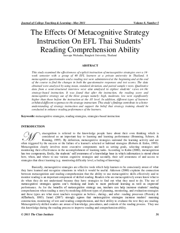 (PDF) The Effects Of Metacognitive Strategy Instruction On EFL Thai Students Reading ...