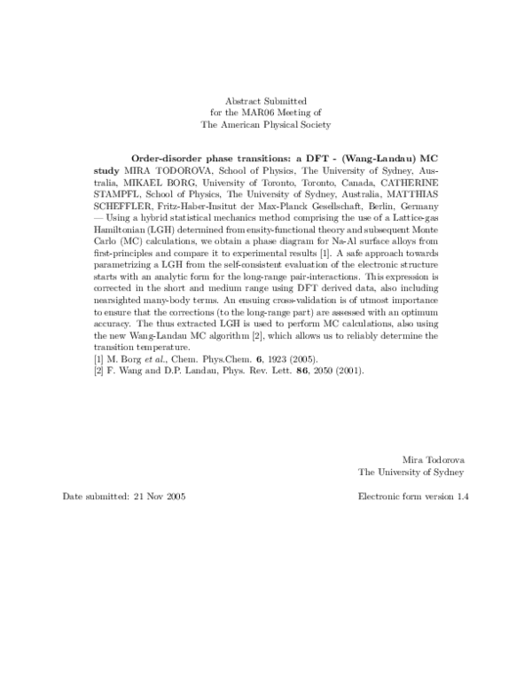 (PDF) Order-disorder phase transitions: a DFT-(Wang-Landau) MC study ...