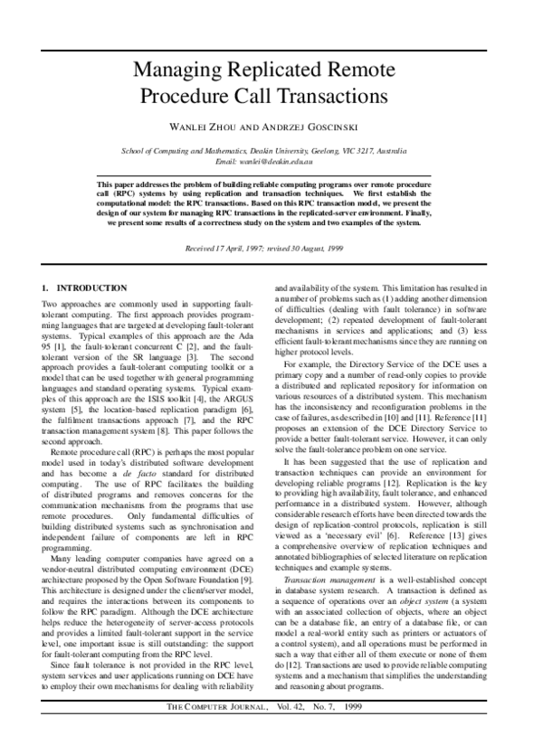 (PDF) Managing Replicated Remote Procedure Call Transactions