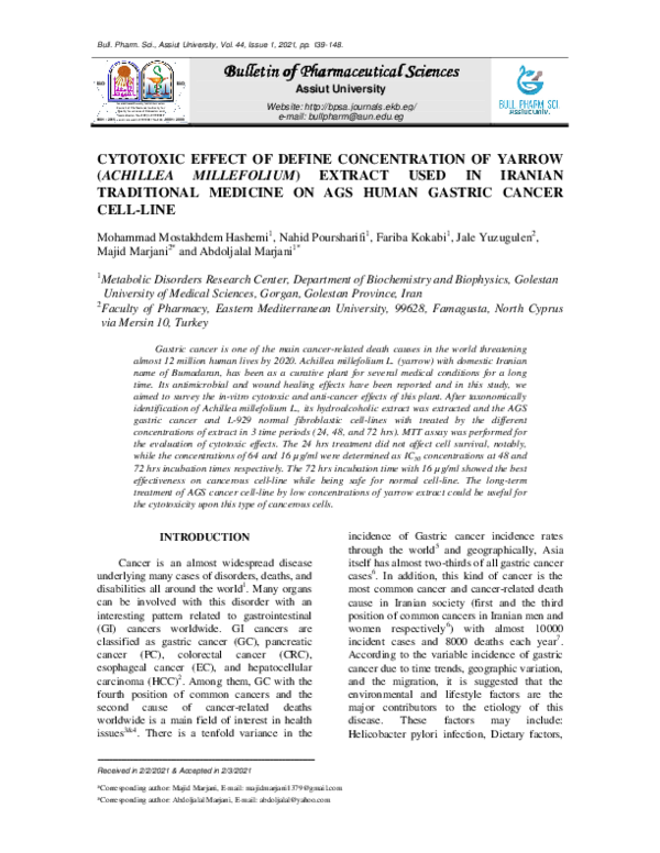 (PDF) Cytotoxic Effect of Define Concentration of Yarrow (Achillea ...