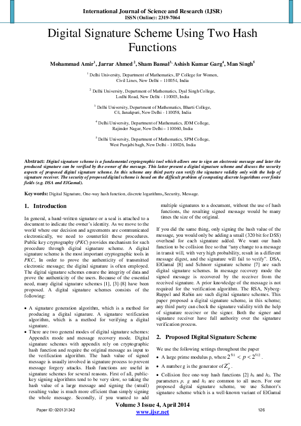 (PDF) Digital Signature Scheme Using Two Hash Functions | sham bansal - Academia.edu