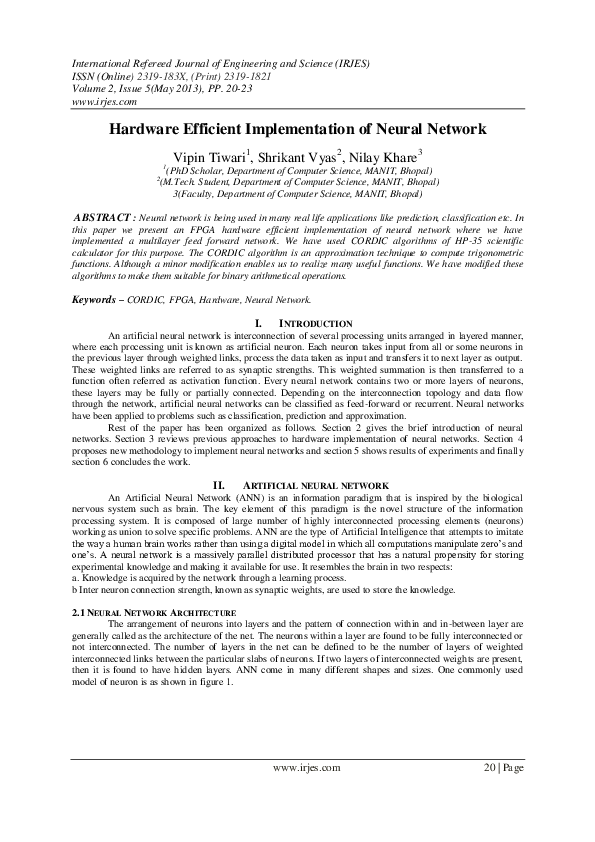(PDF) Hardware Efficient Implementation of Neural Network (PDF) Hardware Efficient Implementation of Neural Network