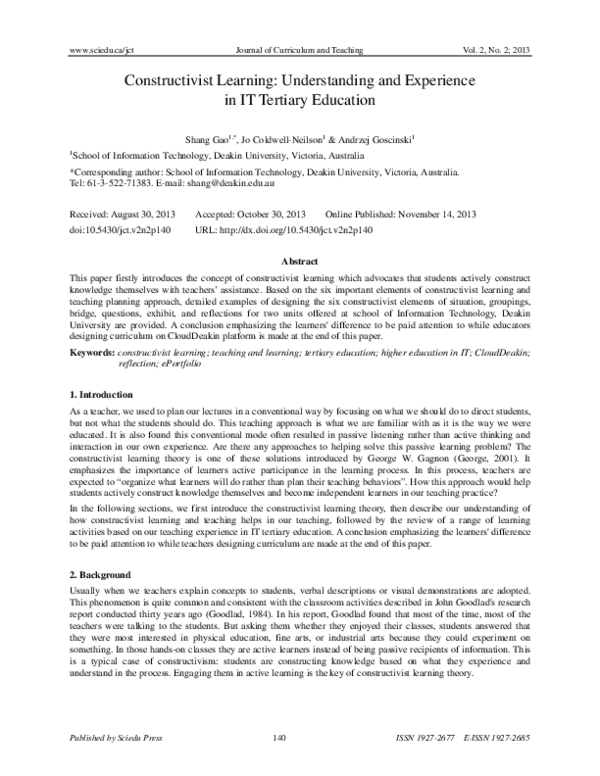(PDF) Constructivist Learning: Understanding and Experience in IT Tertiary Education