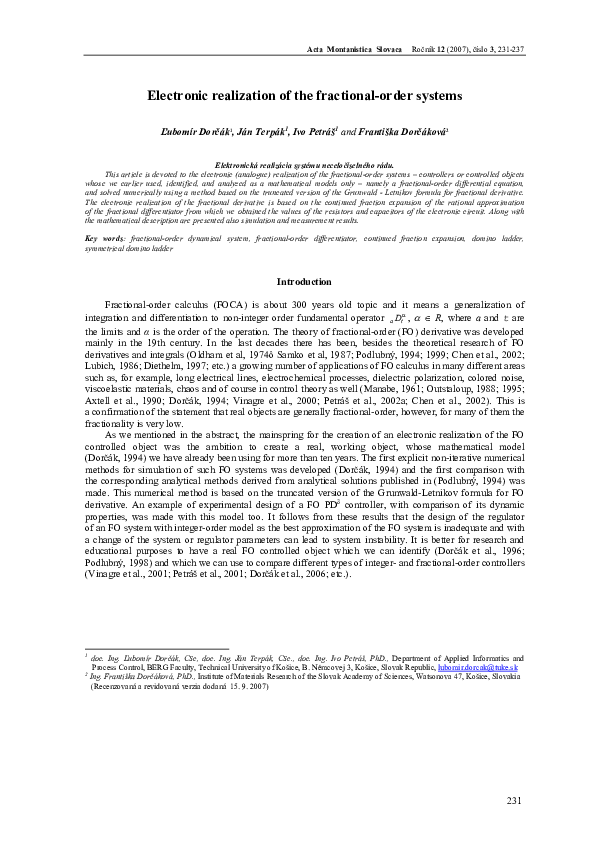 Pdf Electronic Realization Of The Fractional Order Systems