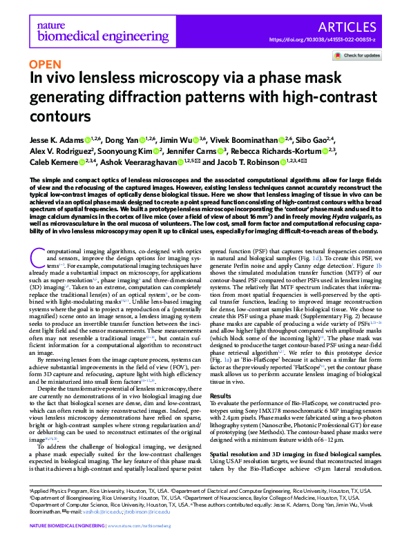 (PDF) In vivo lensless microscopy via a phase mask generating ...