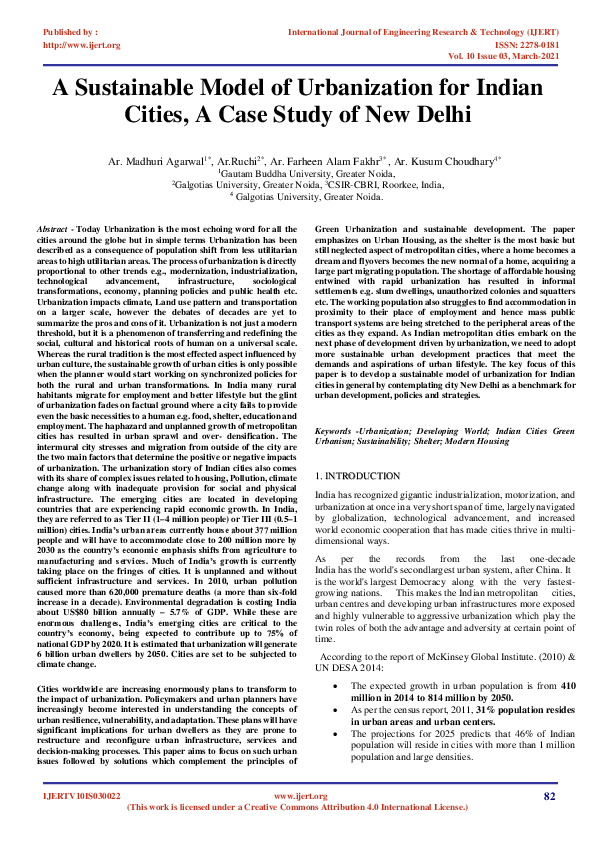 (PDF) A Sustainable Model of Urbanization for Indian Cities, A Case ...