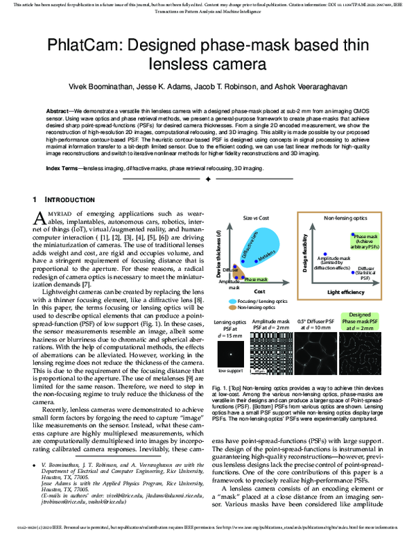 (PDF) PhlatCam: Designed phase-mask based thin lensless camera