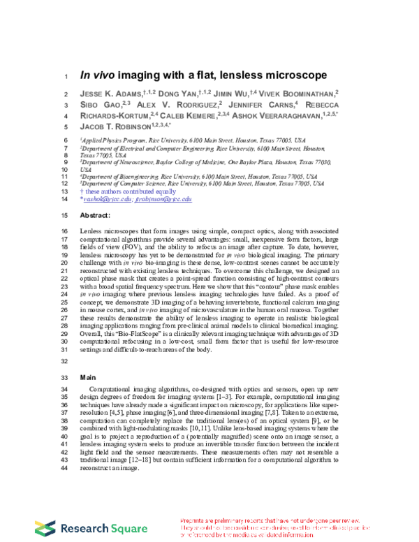 (PDF) In vivo imaging with a flat, lensless microscope