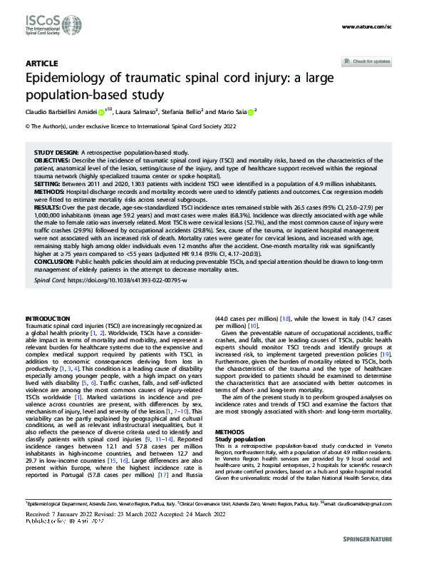 (PDF) Epidemiology of traumatic spinal cord injury: a large population-based study