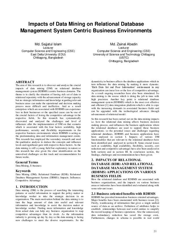 Pdf Impacts Of Data Mining On Relational Database Management System Centric Business Environments