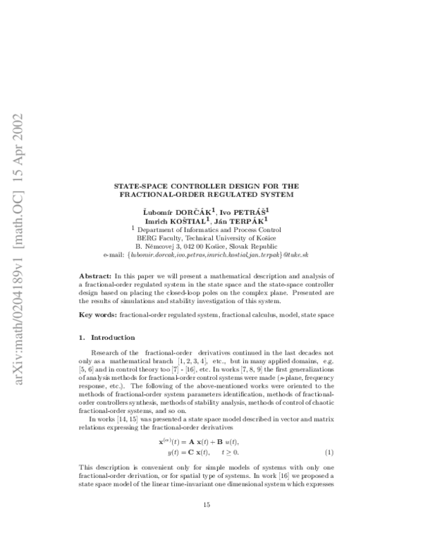 (PDF) State-space controller design for the fractional-order regulated system