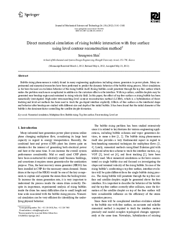 Pdf Direct Numerical Simulation Of Rising Bubble Interaction With Free Surface Using Level