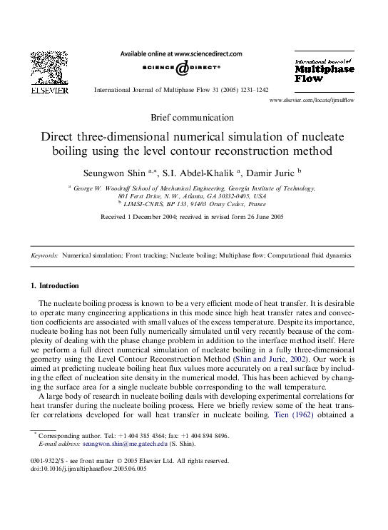 Pdf Direct Three Dimensional Numerical Simulation Of Nucleate Boiling