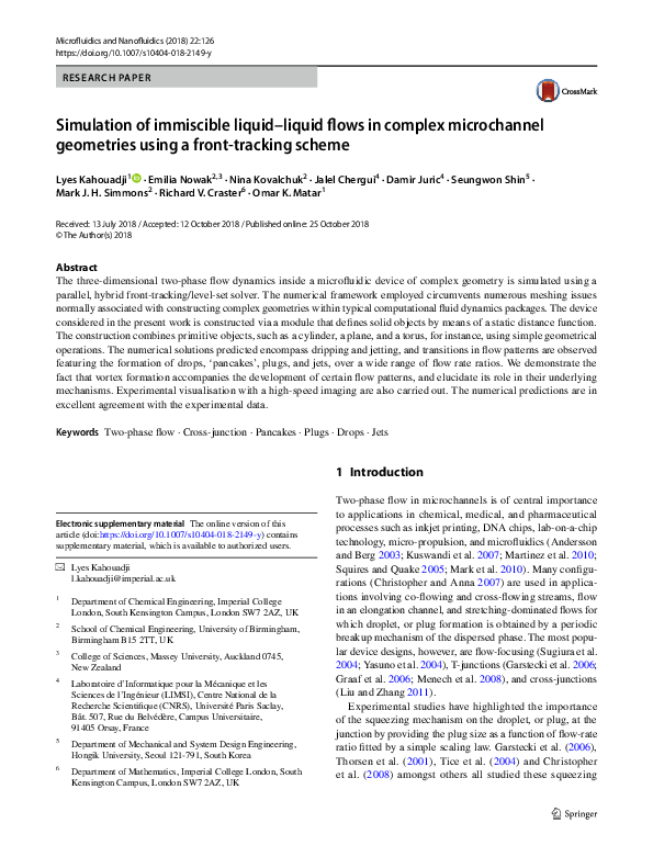 (PDF) Simulation of immiscible liquid–liquid flows in complex microchannel geometries using a ...