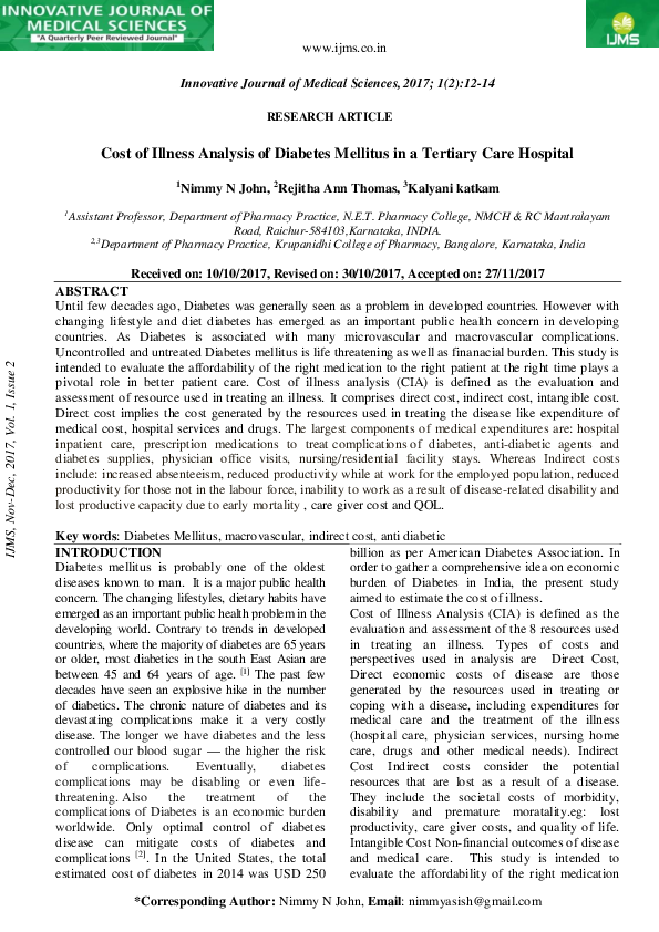 (PDF) Cost of Illness Analysis of Diabetes Mellitus in a Tertiary Care ...